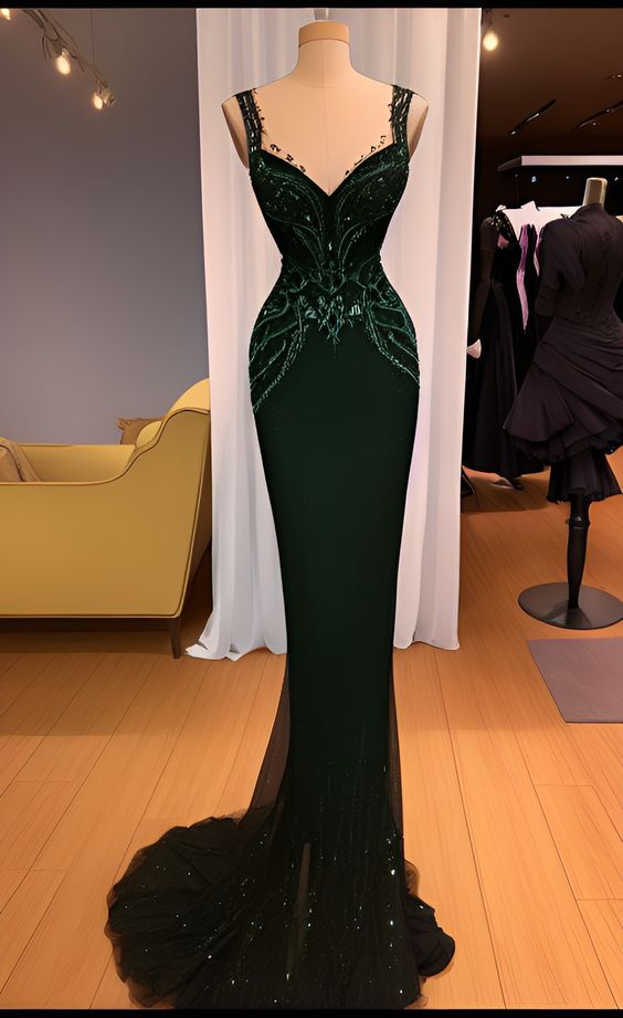 Charming Mermaid Straps Dark Green Sequin Prom Dress Long Prom Dresses ...