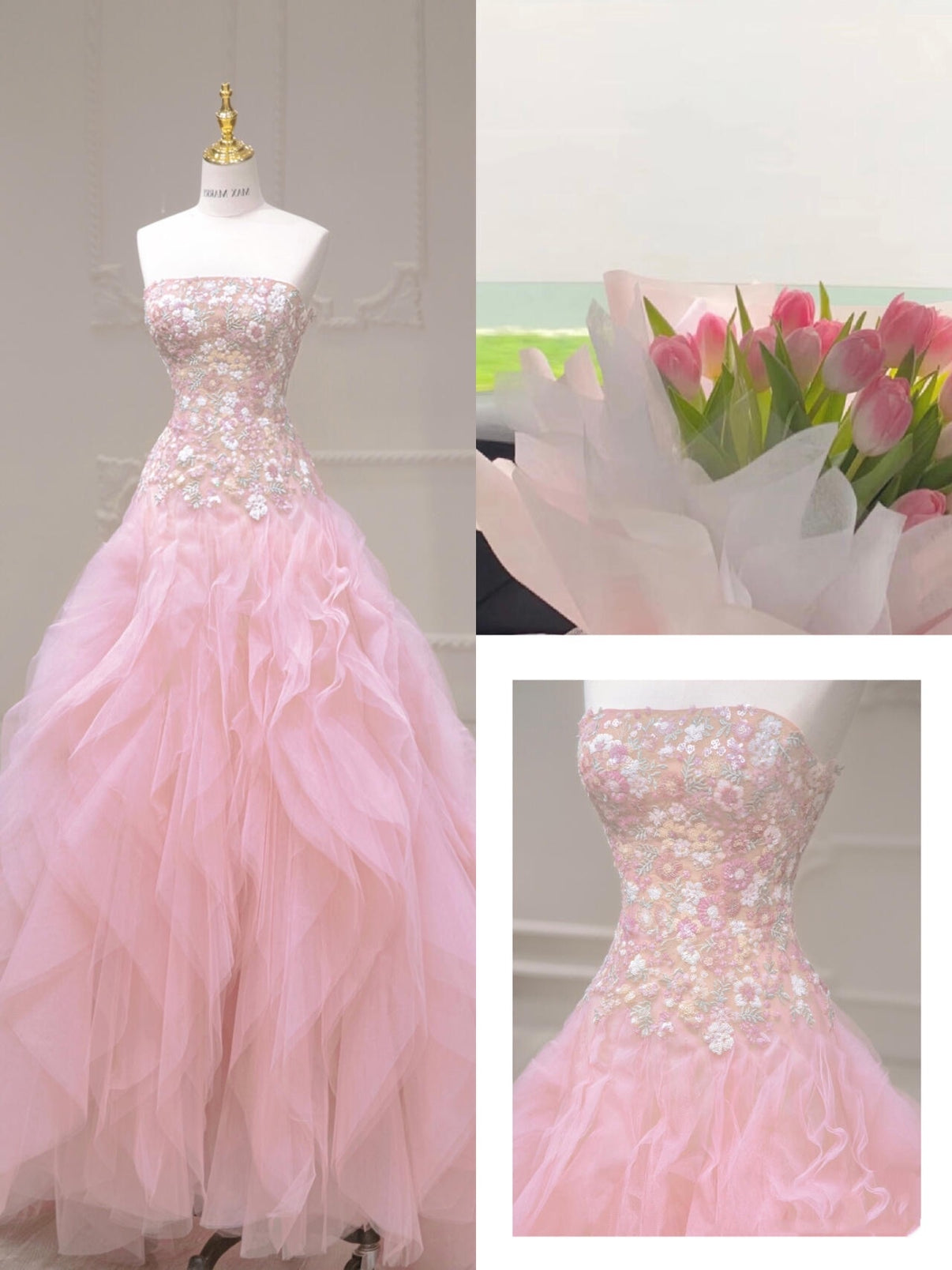 Luxurious Ball Gown Strapless Pink Tulle Long Prom Dress P1720 ...