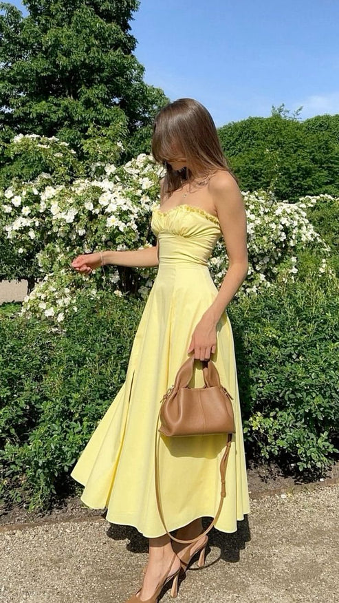 Modest A line Sweetheart Yellow Chiffon Slit Prom Dresses Birthday Out ...