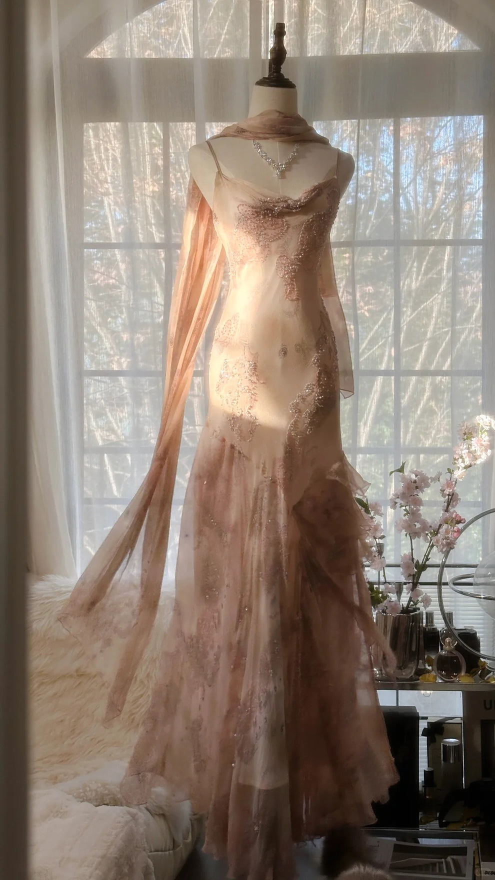 Cute Pink Shoulder Strap Flowing Ribbon Chiffon Beaded Long Prom Dress ...