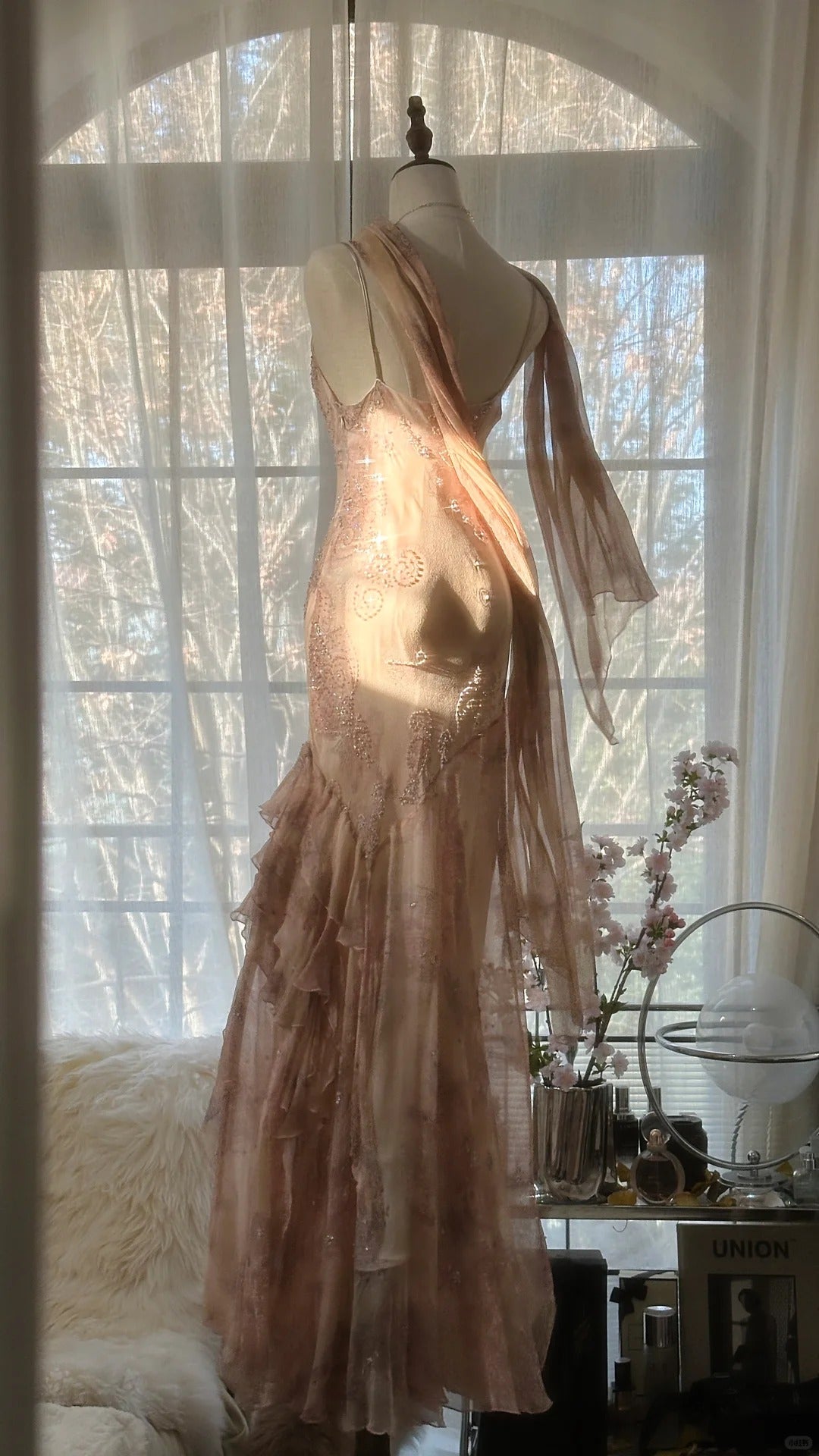 Cute Pink Shoulder Strap Flowing Ribbon Chiffon Beaded Long Prom Dress ...