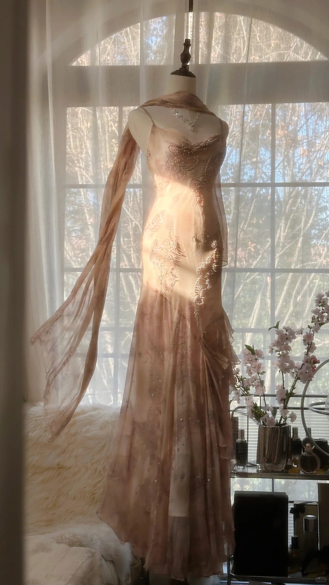 Cute Pink Shoulder Strap Flowing Ribbon Chiffon Beaded Long Prom Dress ...
