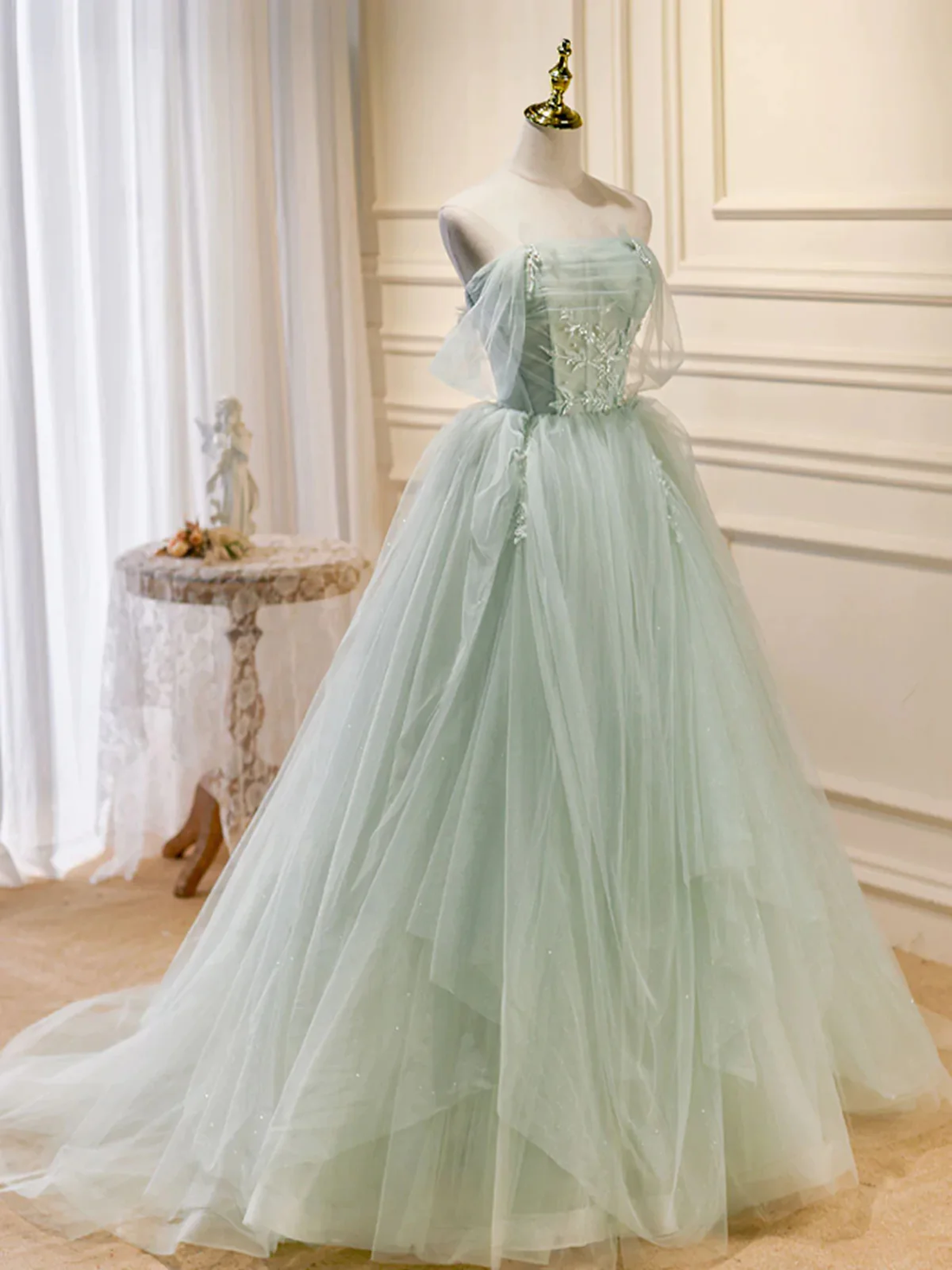 Off the Shoulder Green Tulle Long Prom Dresses P2199 – PreppyDress
